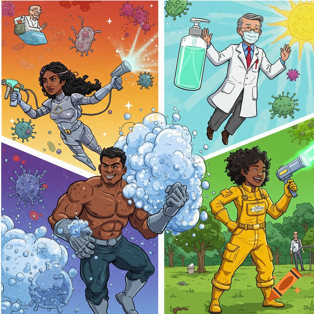 Comic art of diverse superheroes fighting germs with hygiene tools like ...