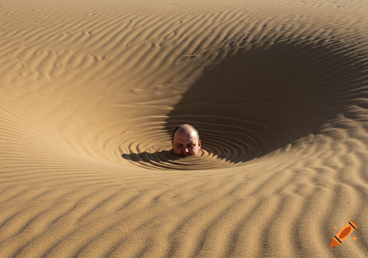 A bald man's head sinks into swirling sand in a desert. on Craiyon