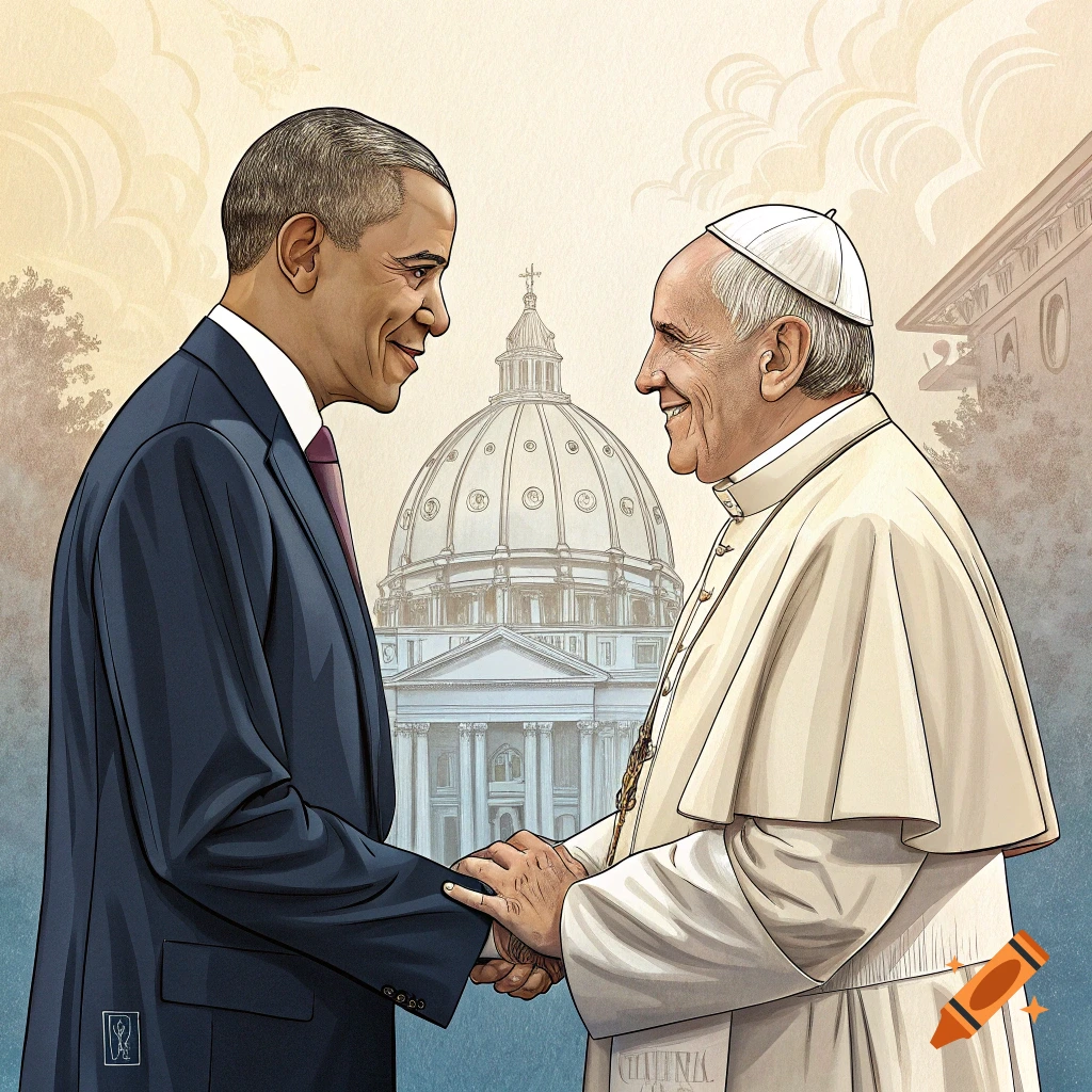 Illustration of Barack Obama shaking hands with Pope Francis in front ...