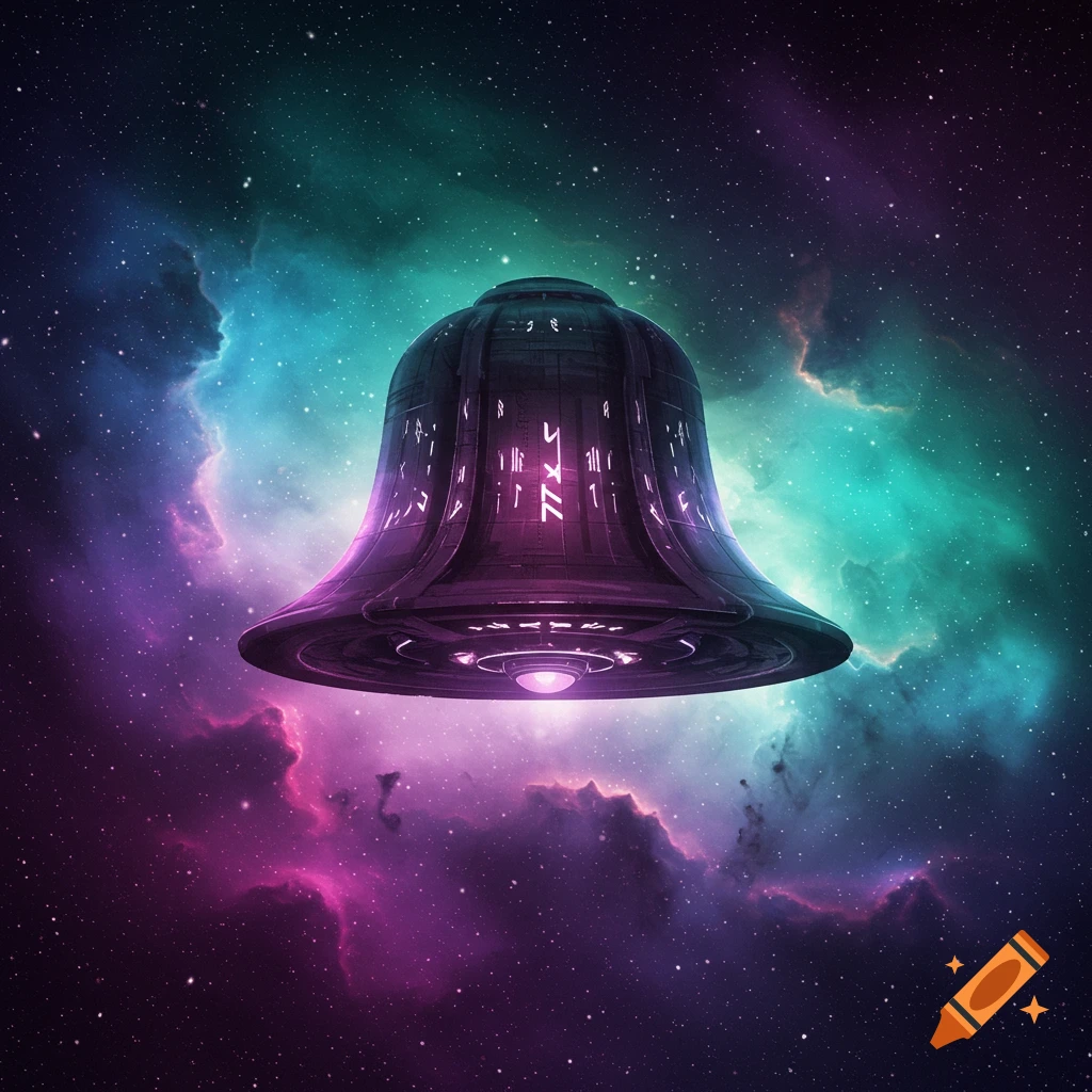 A bell-shaped spaceship floats in a nebula and starfield. on Craiyon