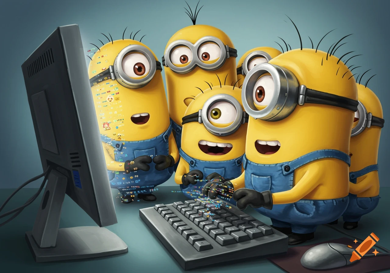 Several Minions gather around a computer looking at the screen and ...