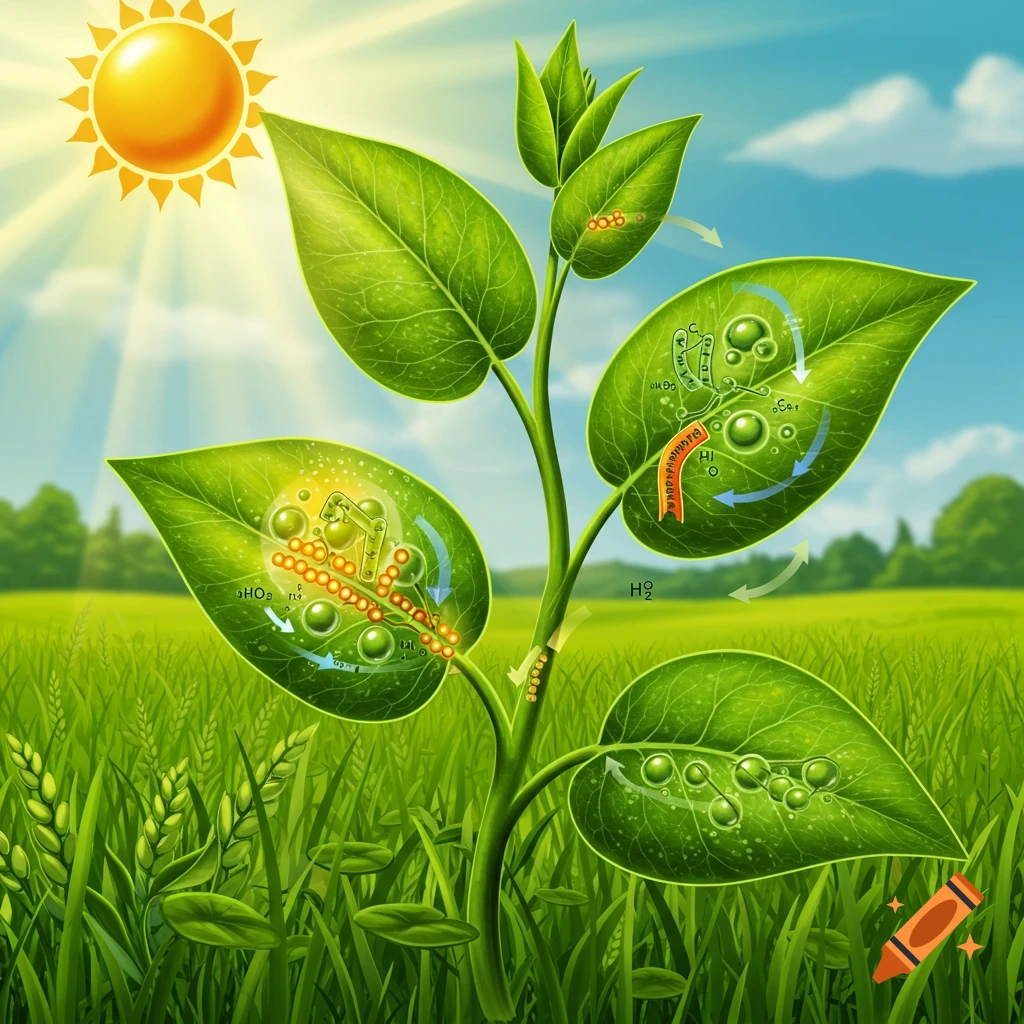 Scientific illustration of photosynthesis in a plant, showing sun and ...
