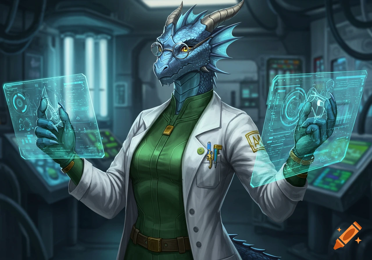 A blue dragon scientist in a lab coat holds holographic screens in a ...