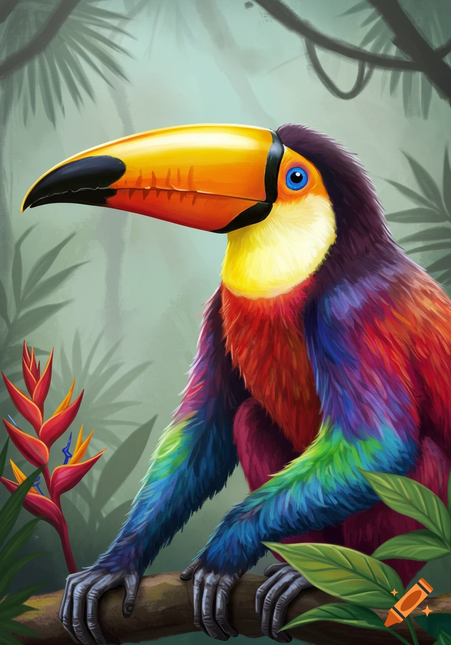 Colorful toucan monkey hybrid perched on a branch in a lush jungle with ...