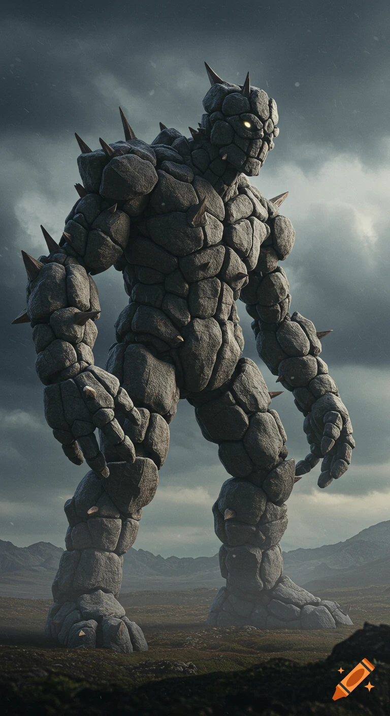 A tall, spiky rock monster stands in a field under a stormy sky. on Craiyon