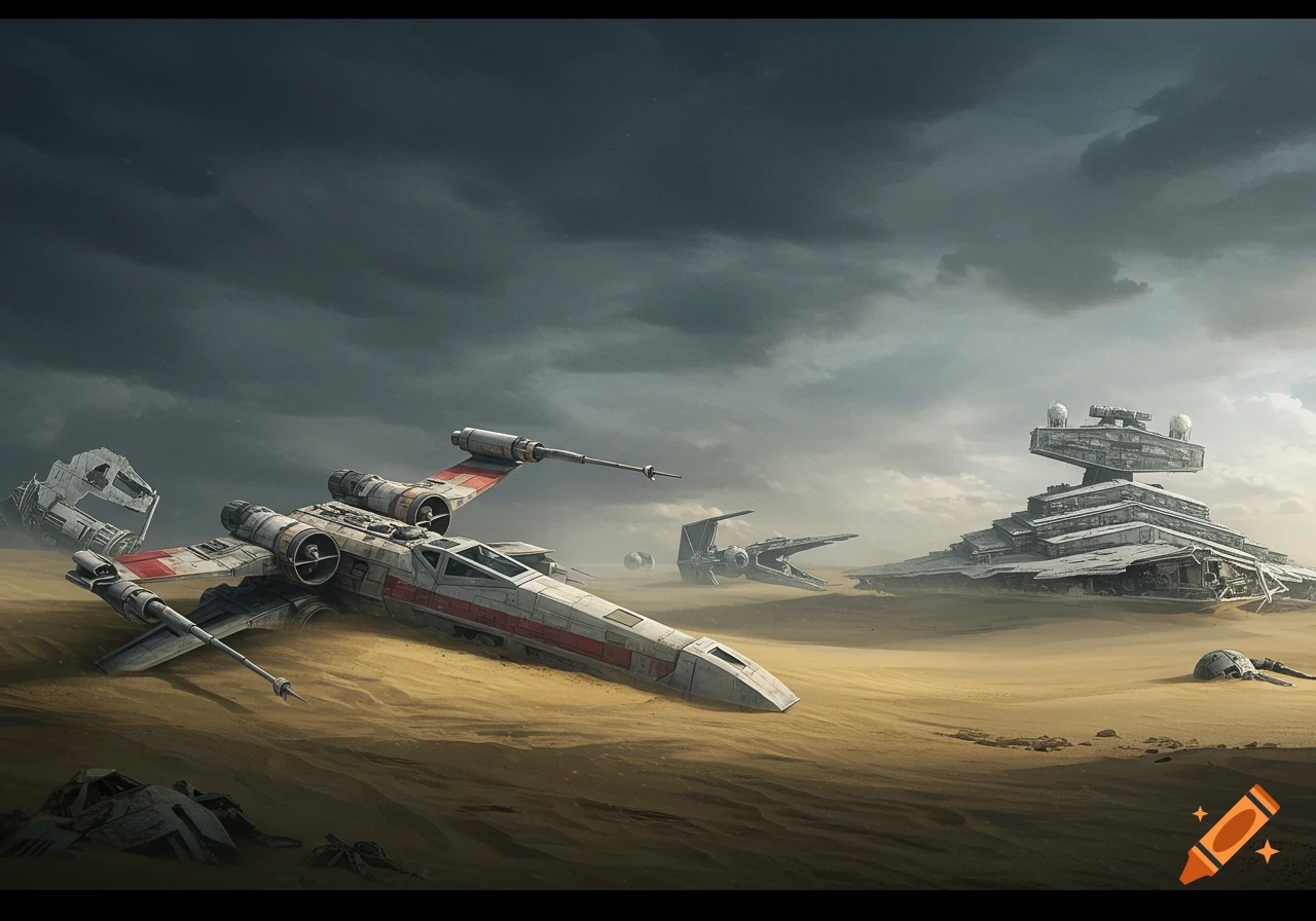 Crashed Star Wars X-wing and Star Destroyer on a desert planet under ...