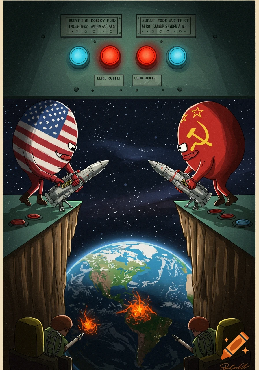 Political cartoon showing US and USSR figures with missiles over Earth ...