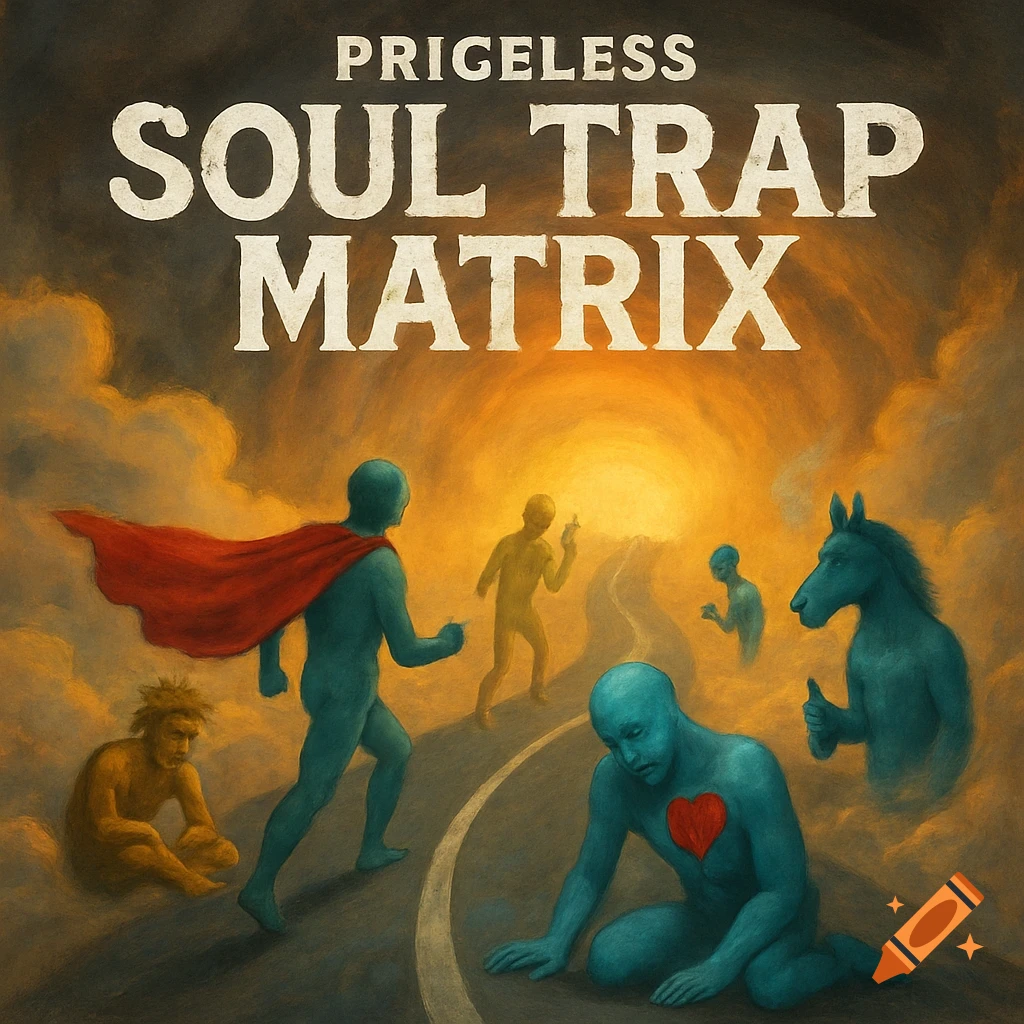 Surreal painting of stylized figures on a road under a glowing sky with ...