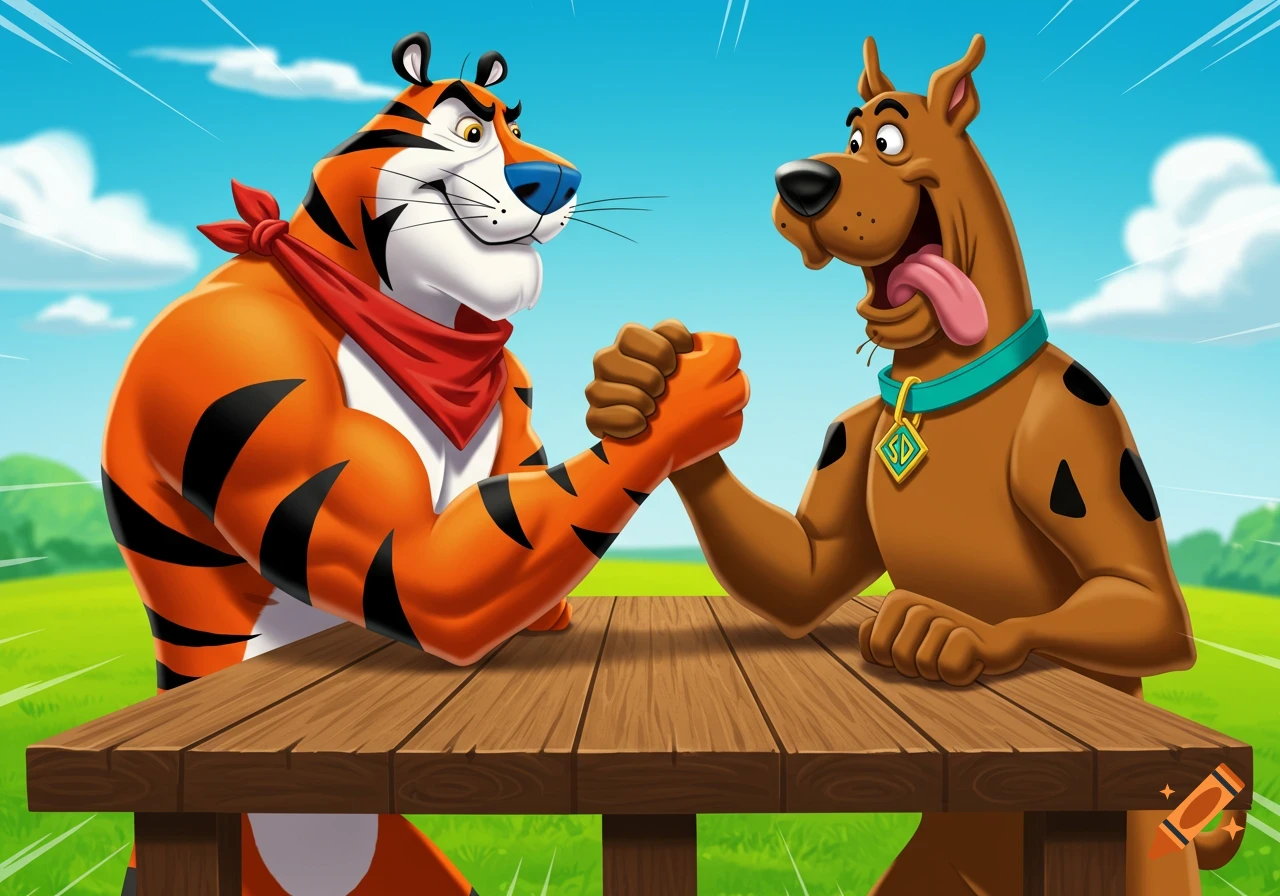 Tony the Tiger and Scooby Doo arm wrestling on a table outdoors in a ...