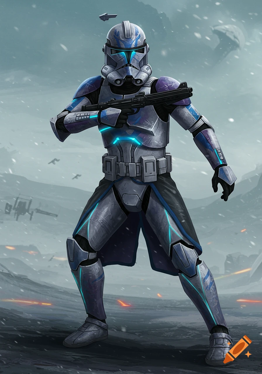 A Star Wars clone trooper in cool armor stands in a snowy landscape ...