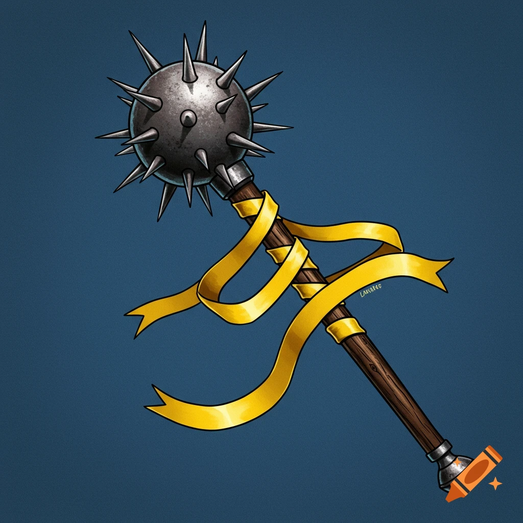 Illustration of a morning star mace wrapped in a yellow ribbon. on Craiyon