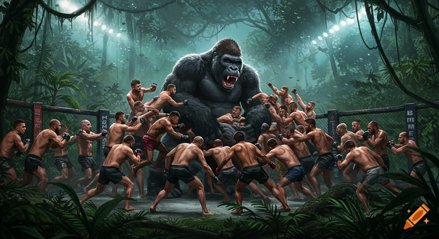 Giant gorilla battles MMA fighters in a jungle arena on Craiyon
