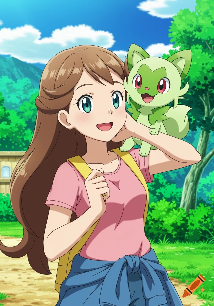 Anime girl with a backpack and a Sprigatito Pokémon on her shoulder ...