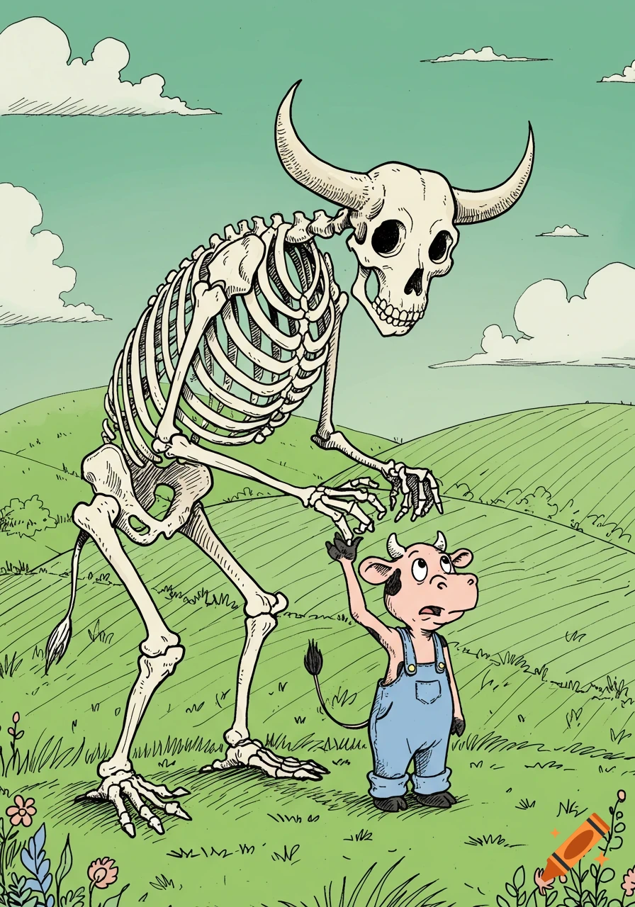 A giant minotaur skeleton holds the hand of a small humanoid cow in ...