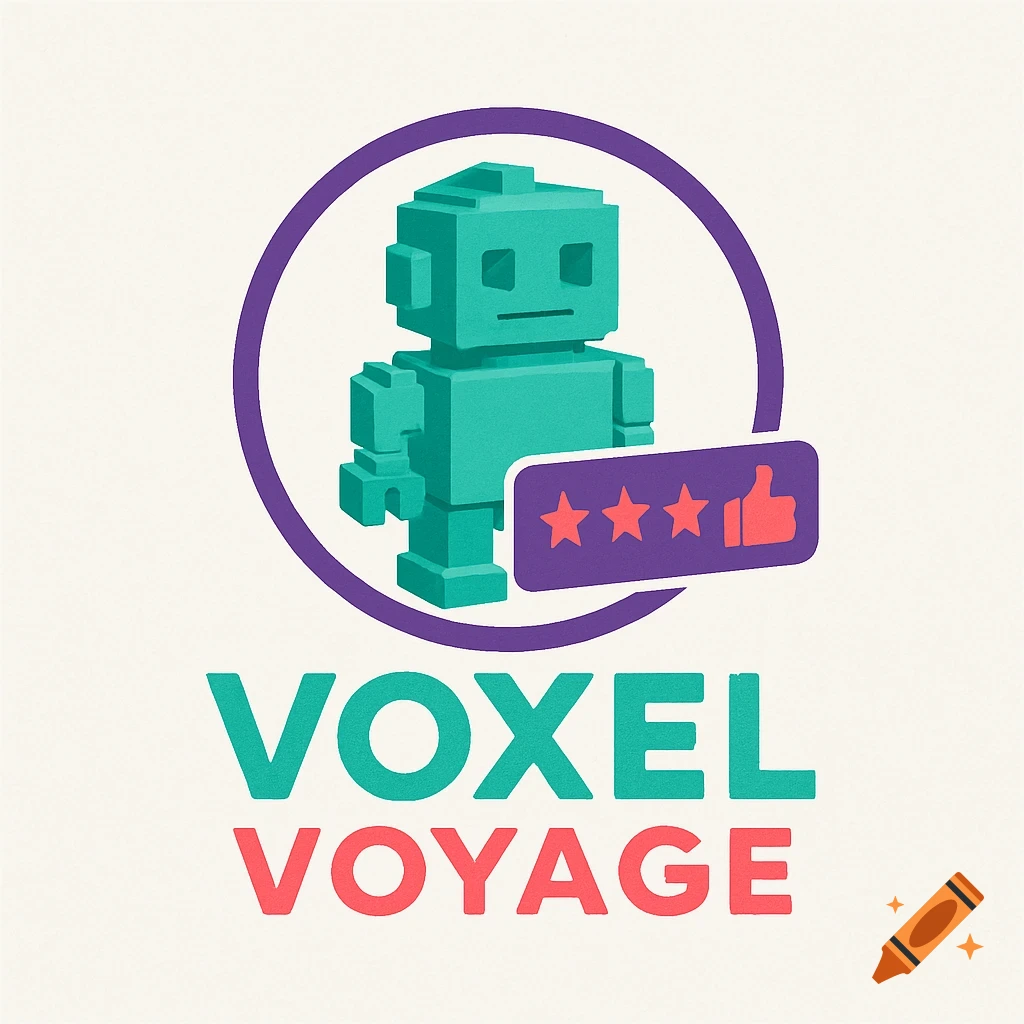 Voxel robot logo inside a purple circle with rating stars, thumbs up ...