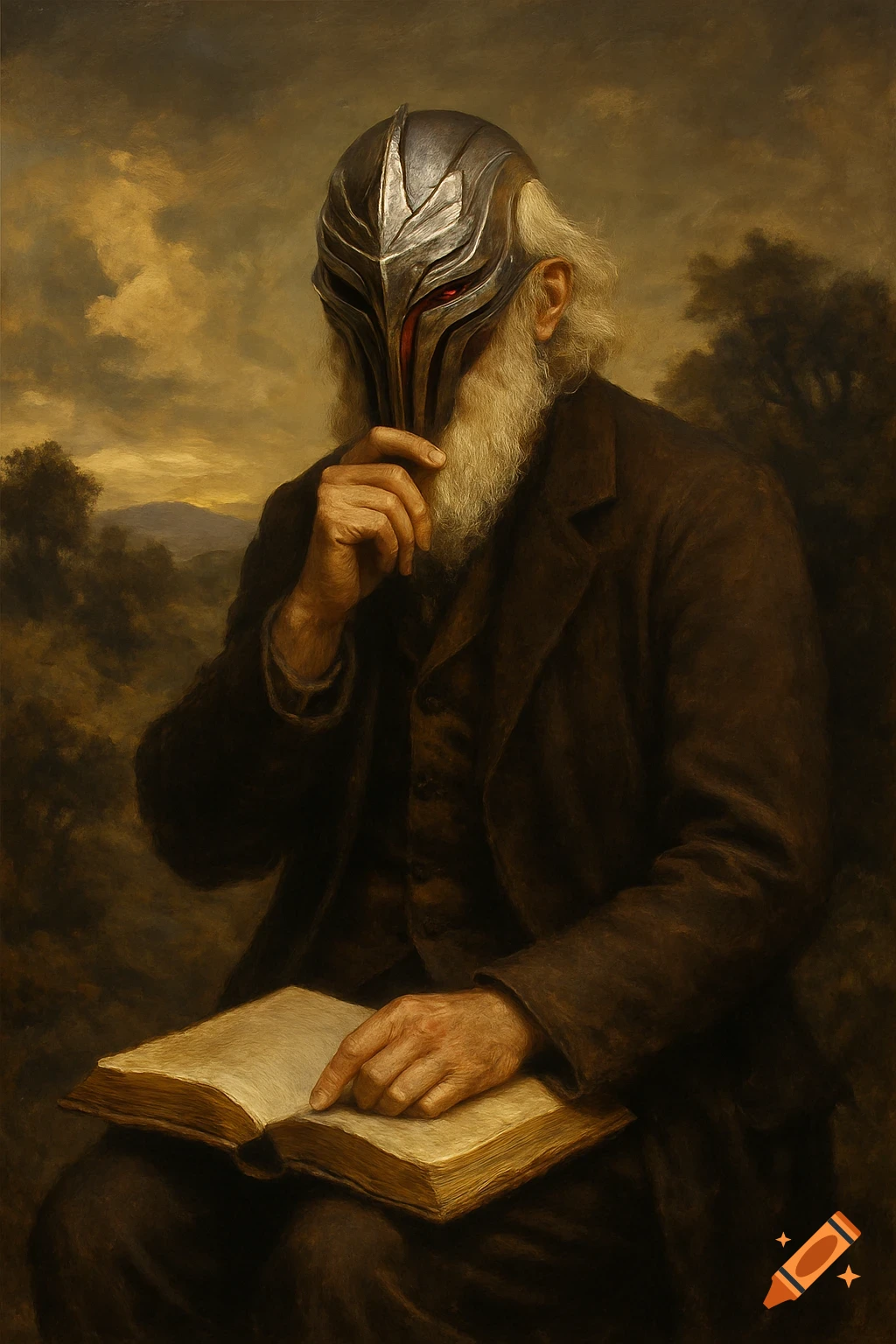 A masked figure with a long beard sits reading a book in a painting ...