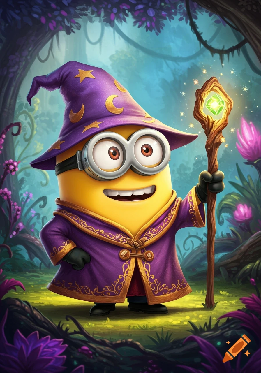 A Minion character dressed as a wizard holds a glowing staff in a ...