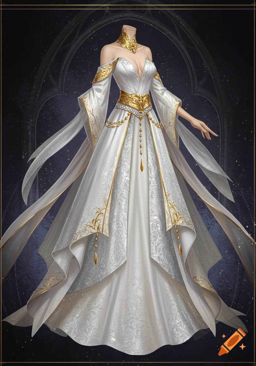 An elaborate white, silver, and gold fantasy dress on a headless figure ...