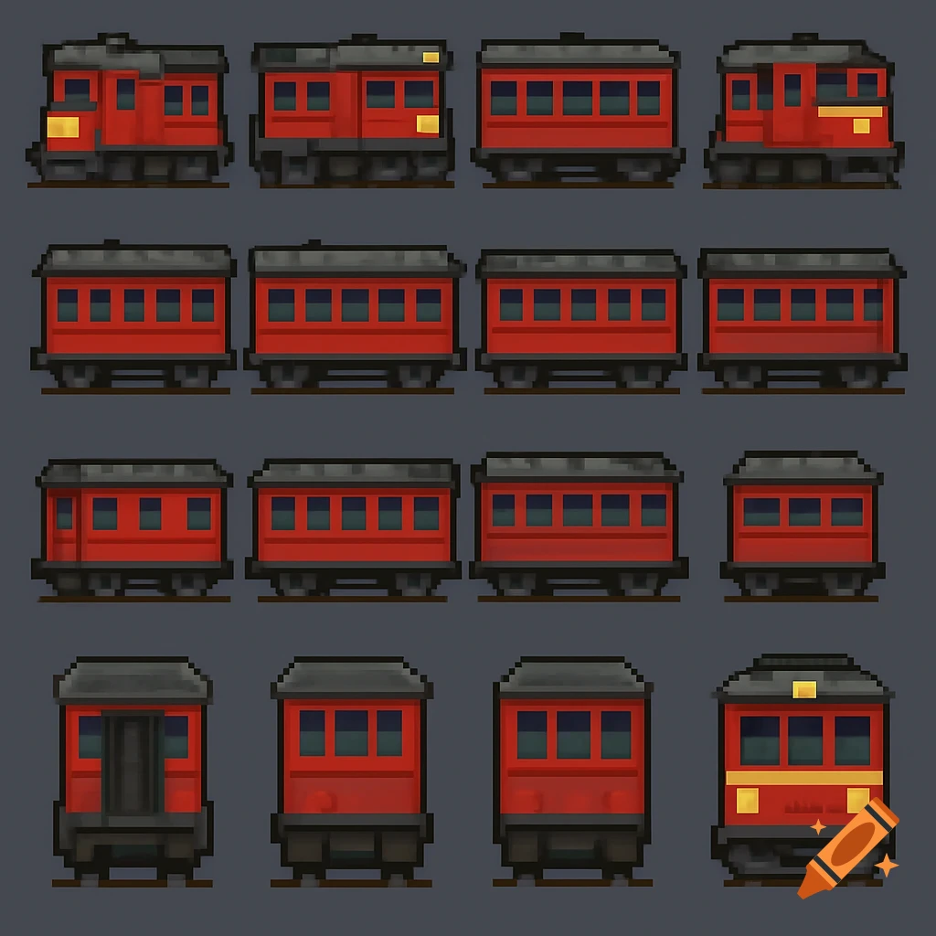 A grid of pixel art red train cars and locomotives viewed from the side ...