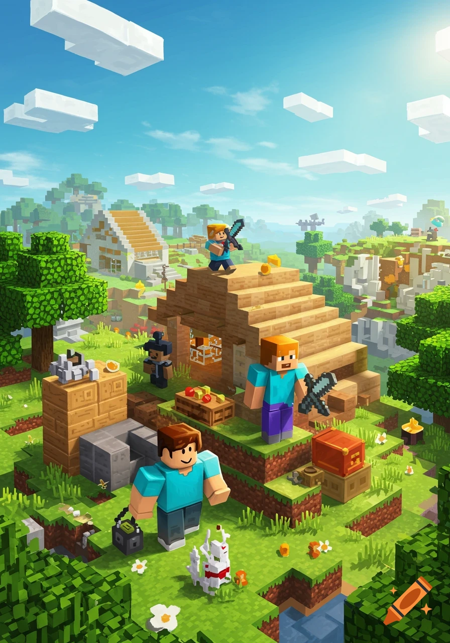Blocky characters in a Minecraft-style world build and explore under a ...