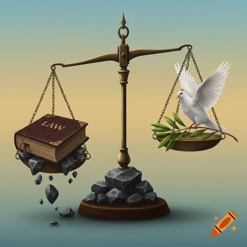 A scale of justice illustration, with a book labeled LAW and rocks on one side, a dove and olive ...