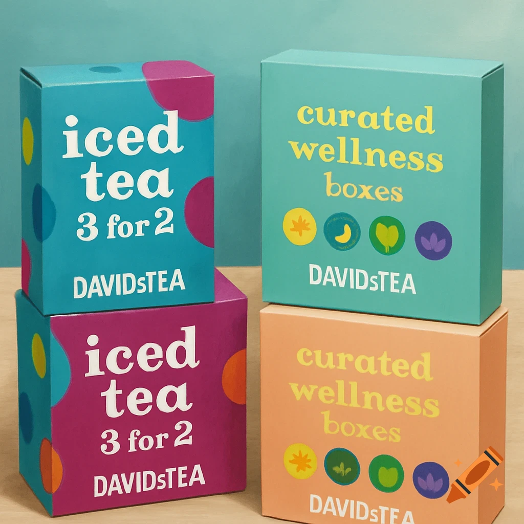 Four colorful tea boxes with 'iced tea 3 for 2' and 'curated wellness ...