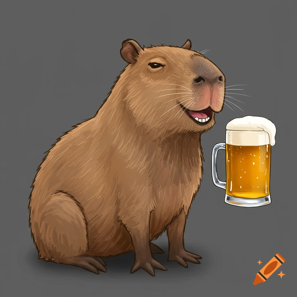 Cartoon capybara smiling next to a mug of beer. on Craiyon