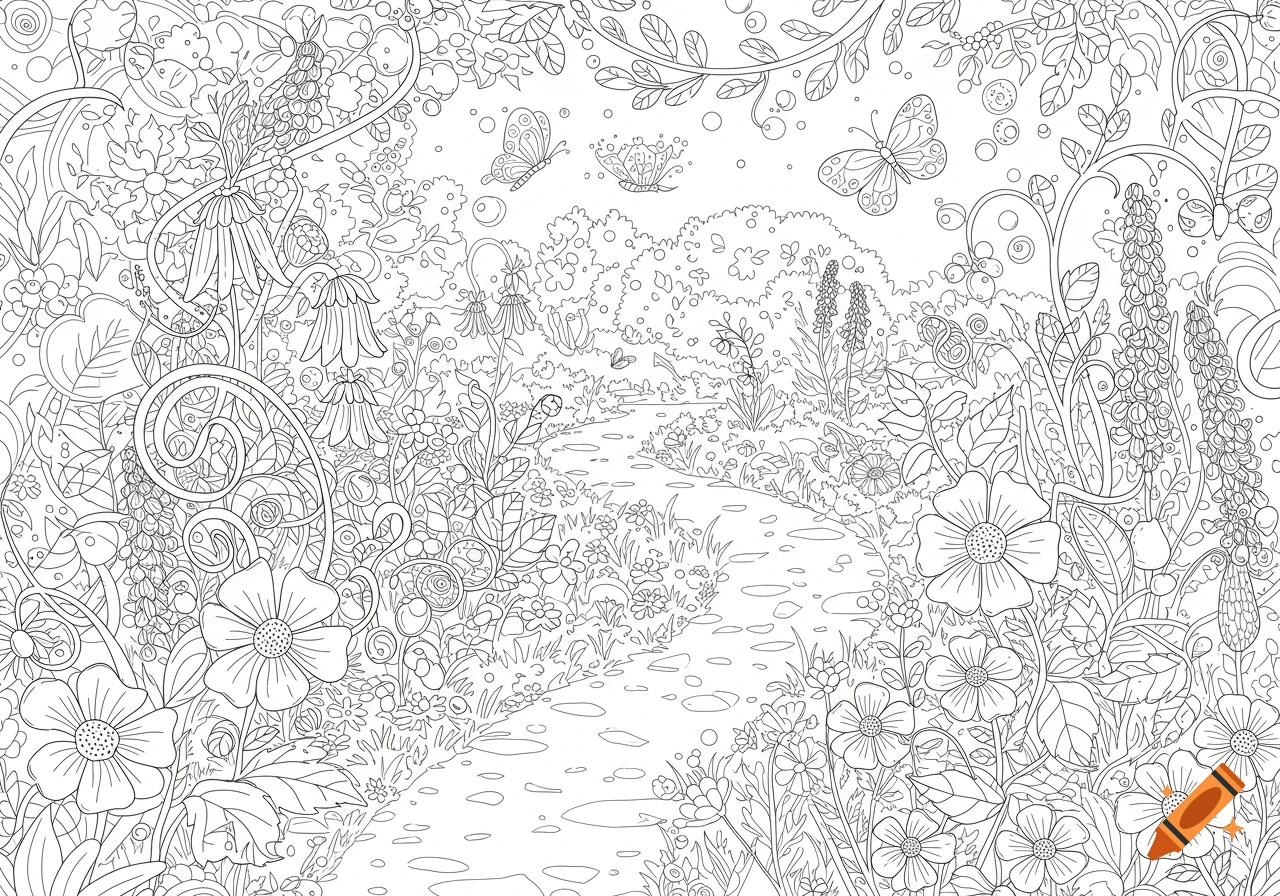 Detailed line art coloring page of a winding path through a garden ...