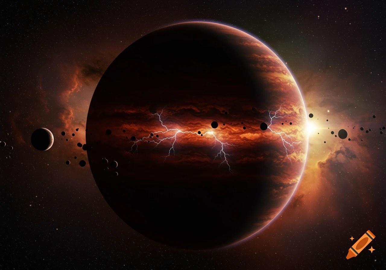 Fictional Planet Nibiru in space with lightning and asteroids. on Craiyon