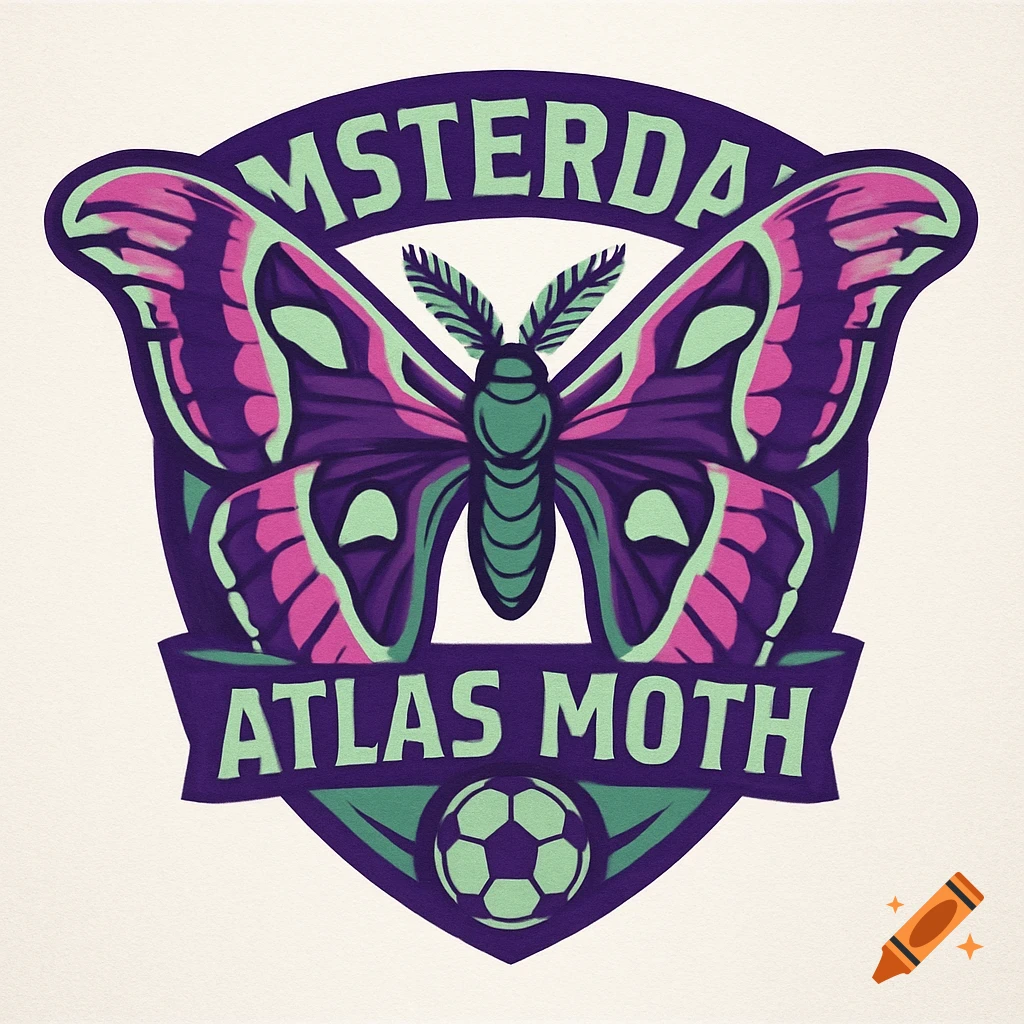 A purple, pink, and green logo featuring an Atlas moth and soccer ball ...