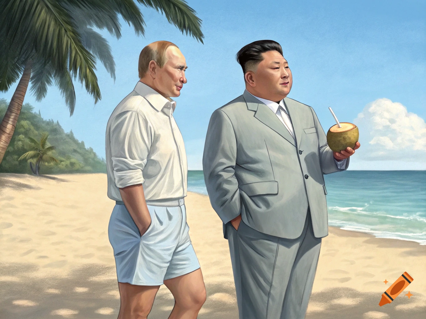 Painting of Vladimir Putin and Kim Jong Un on a beach, Kim Jong Un ...