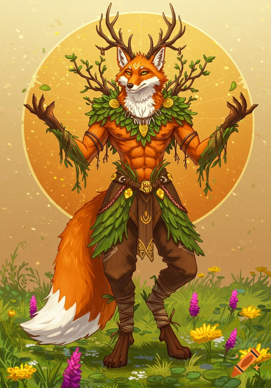 A fantasy illustration of a fox-headed deity with antlers and leafy ...