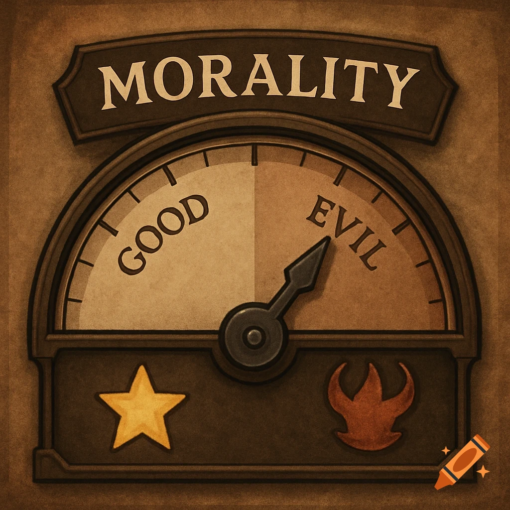 A morality meter with a pointer between good and evil icons. on Craiyon