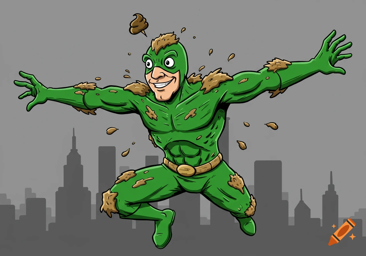 Cartoon superhero Guano Man covered in brown blobs flies in front of a ...