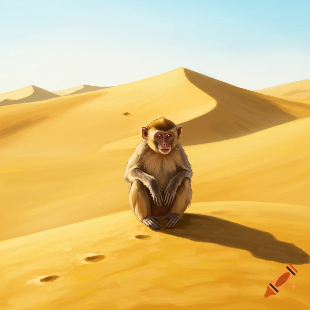 A monkey sits in a desert landscape with sand dunes and footprints. on ...