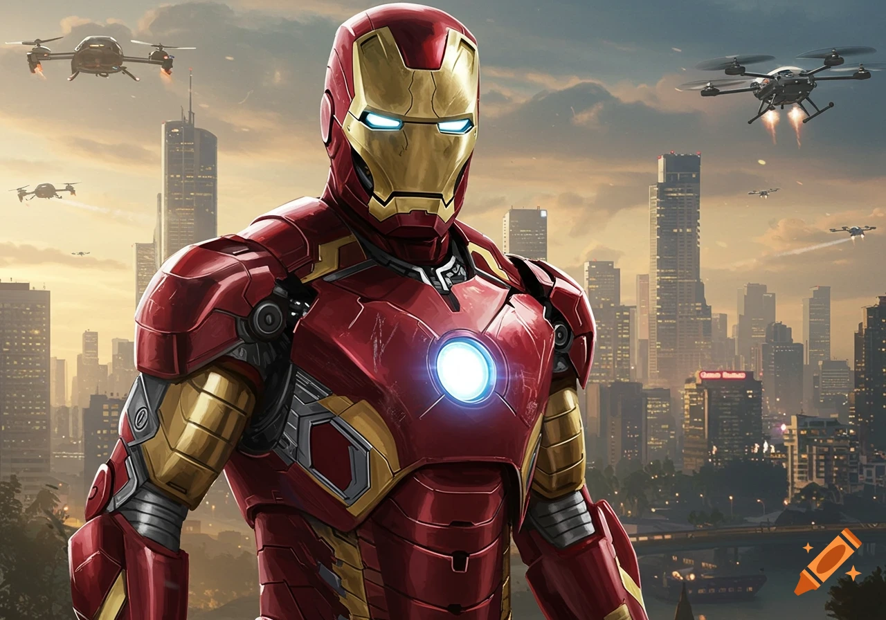Iron Man stands in a cityscape with drones flying overhead at sunset ...