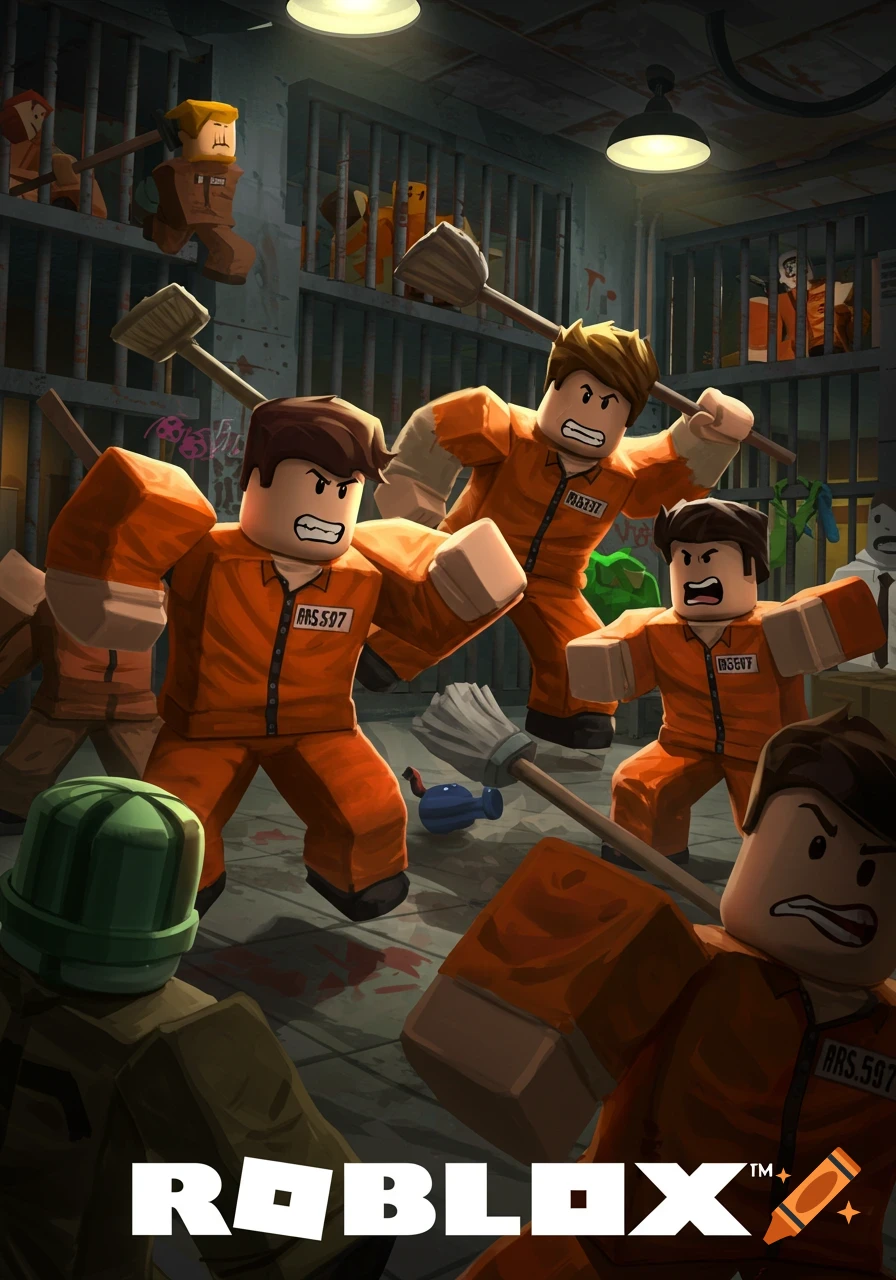 Roblox prisoners fighting in a jail cell. on Craiyon