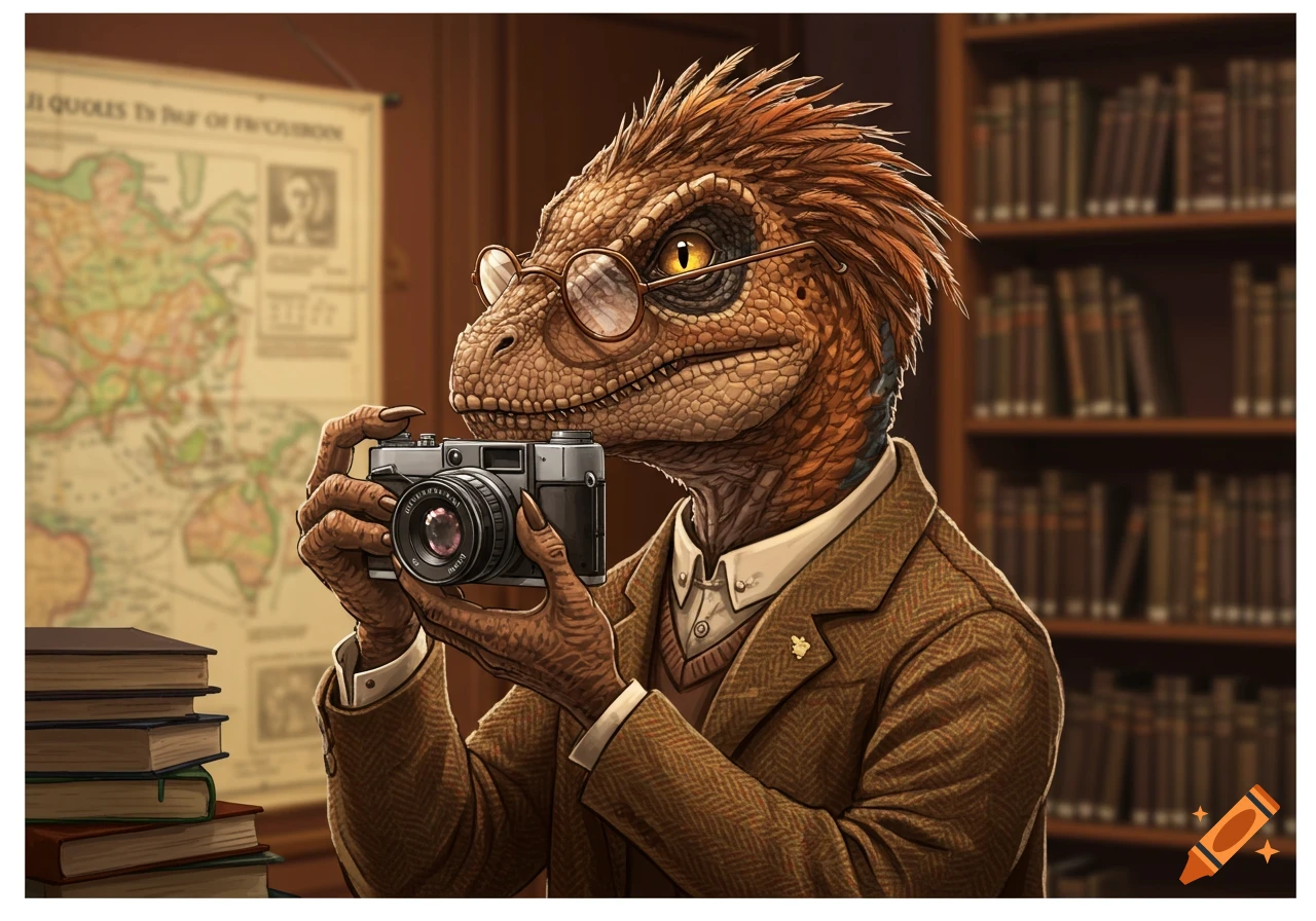 Anthropomorphic dinosaur in glasses, tweed jacket, holding a camera in ...
