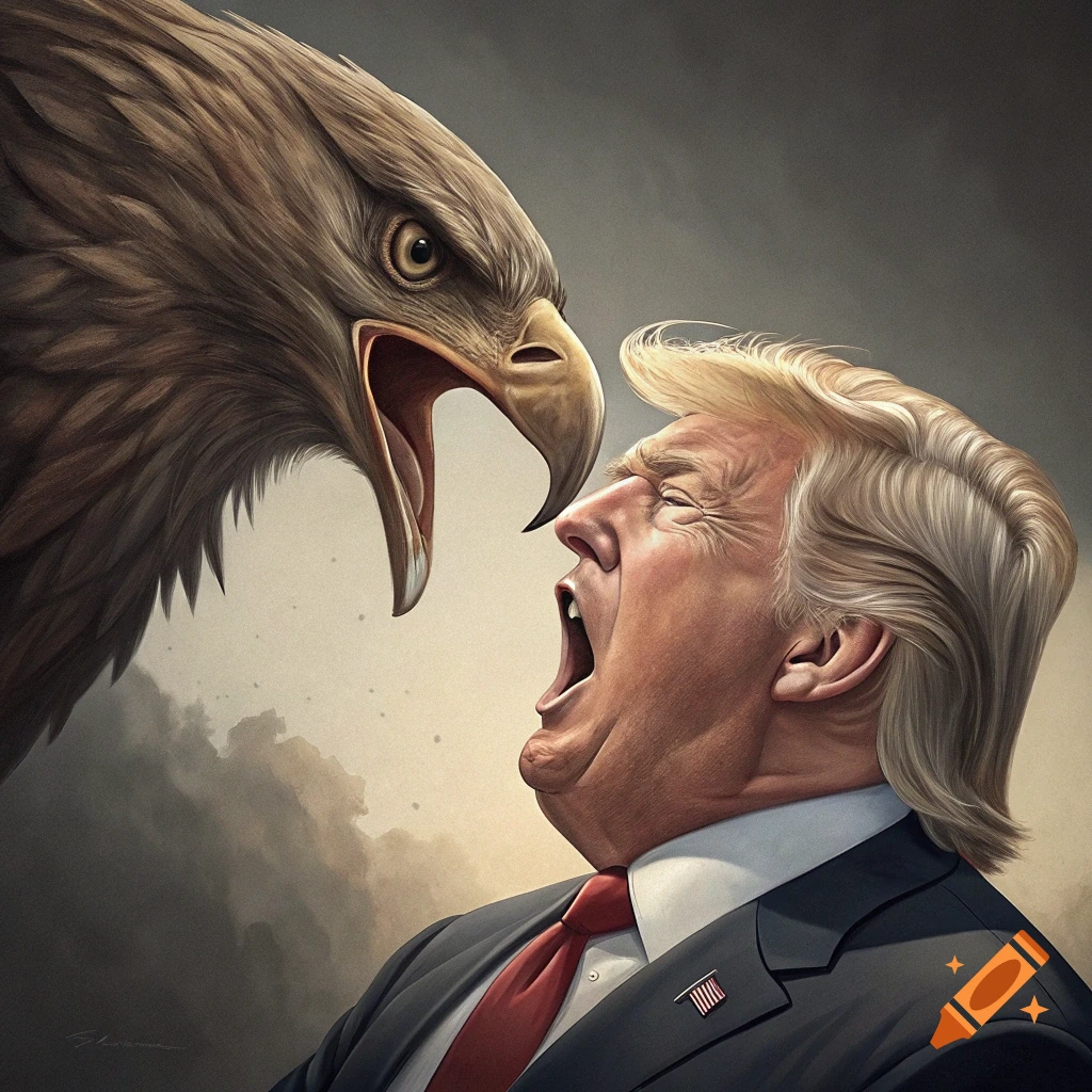 Illustration of a screaming eagle facing a screaming man resembling ...