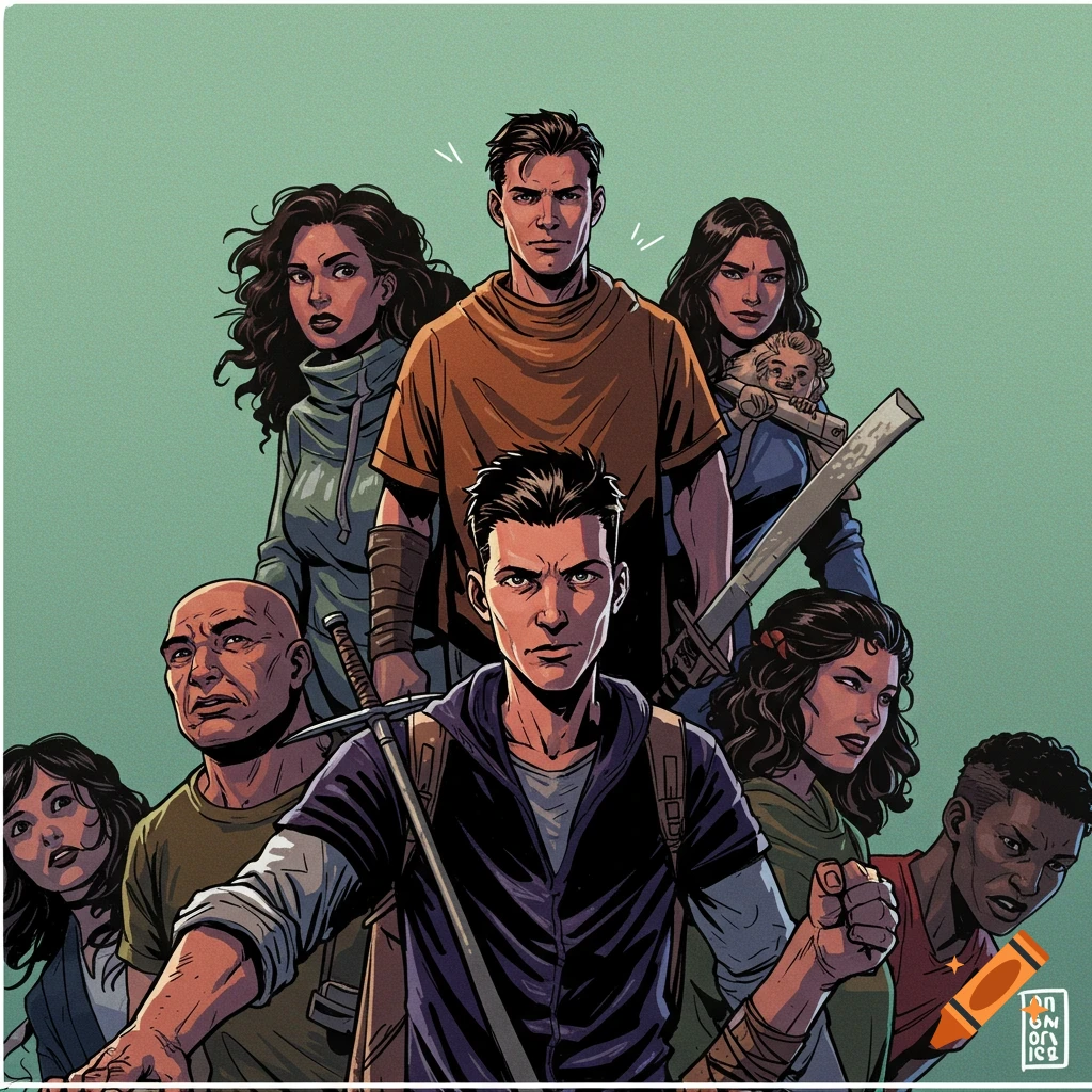 Group of diverse characters with weapons in a graphic novel style ...