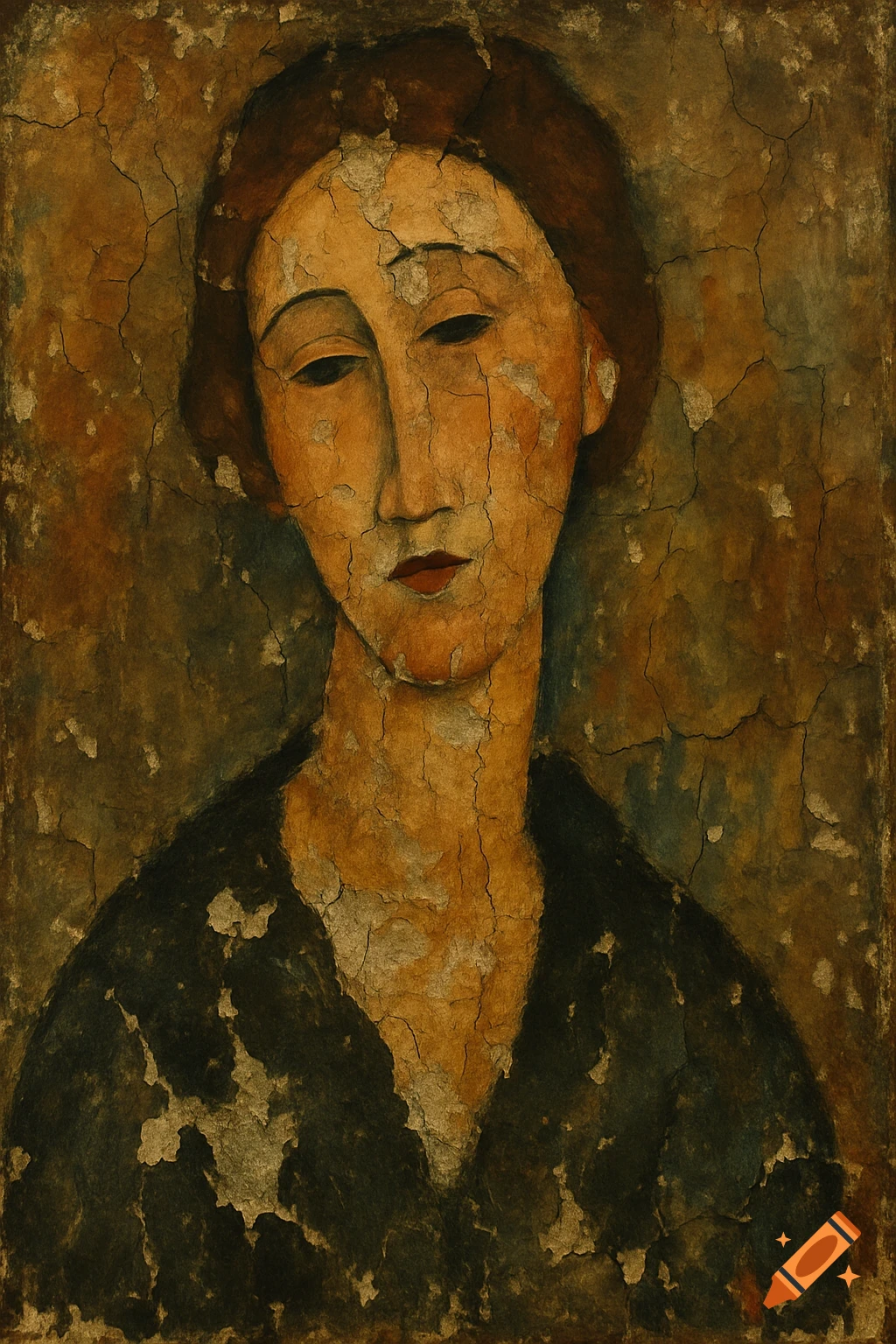 Damaged portrait of a woman in the style of Modigliani with cracked ...