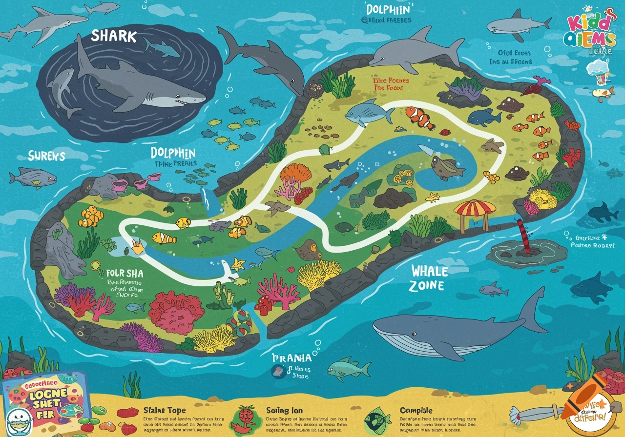 Cartoon map of an aquarium with zones for sharks, dolphins, whales, and ...