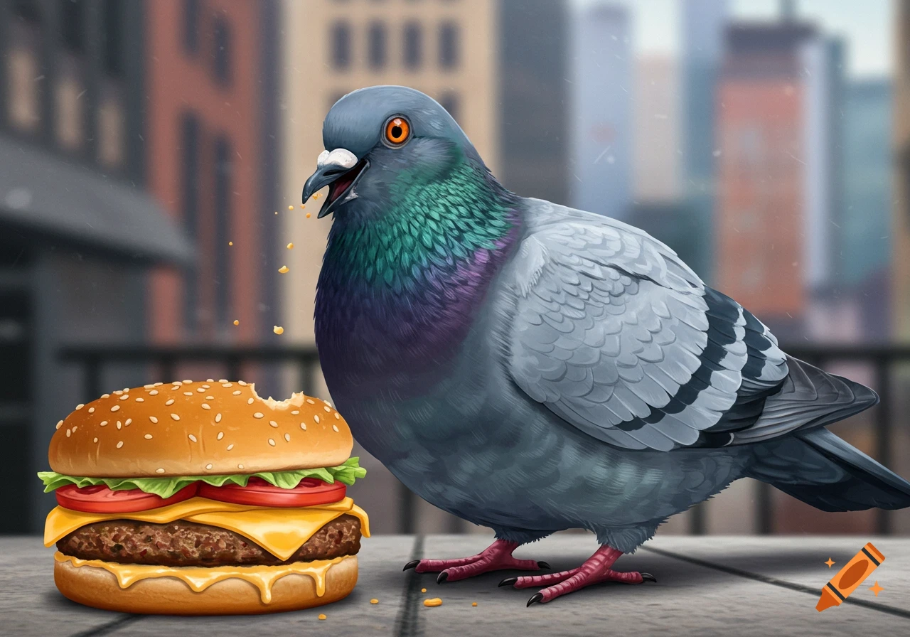 A pigeon eats a hamburger on a rooftop in the city on Craiyon