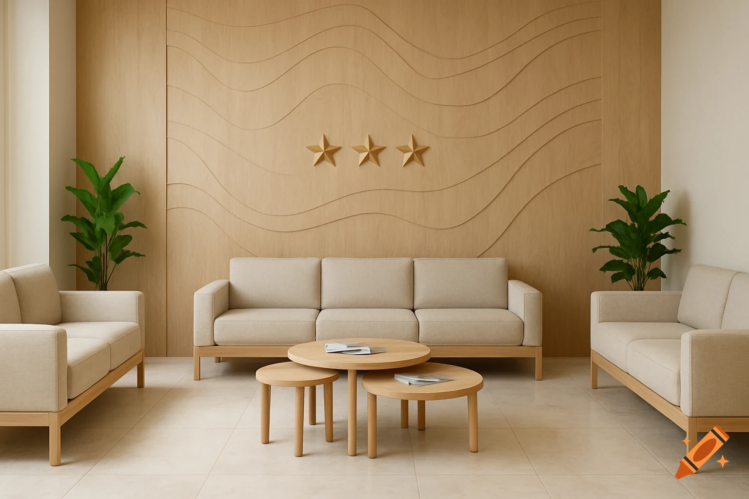Minimalist hotel lobby with beige sofas, wooden coffee tables, plants ...