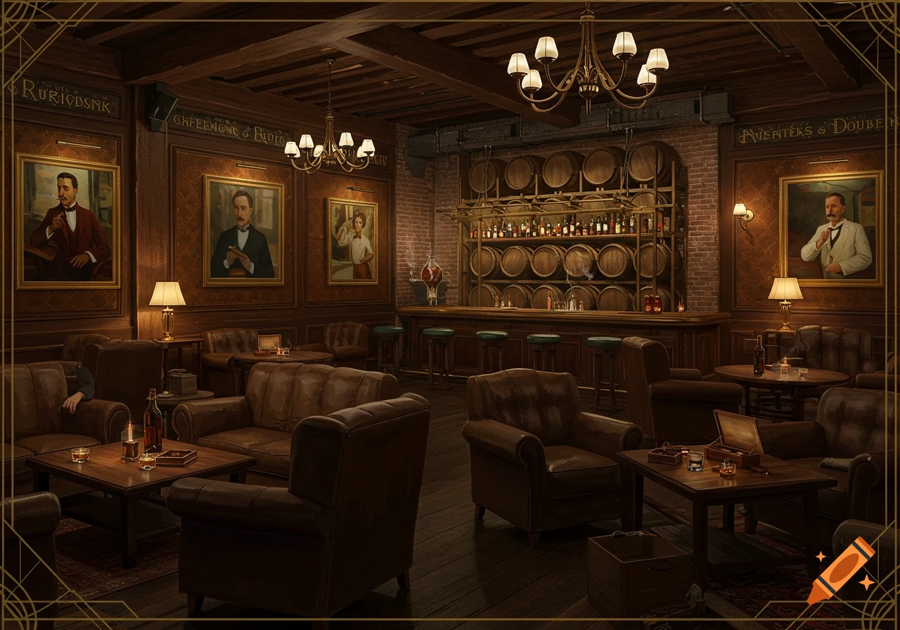 An art deco and rustic styled cigar lounge and bar with leather chairs ...