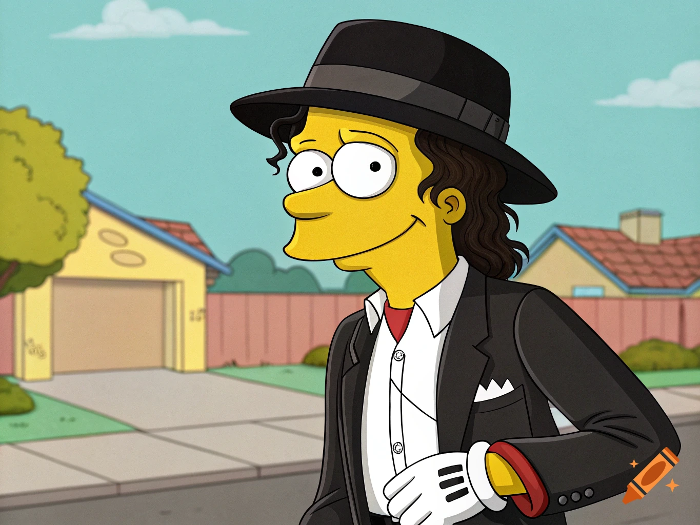 A yellow cartoon character resembling Michael Jackson, in a black suit ...