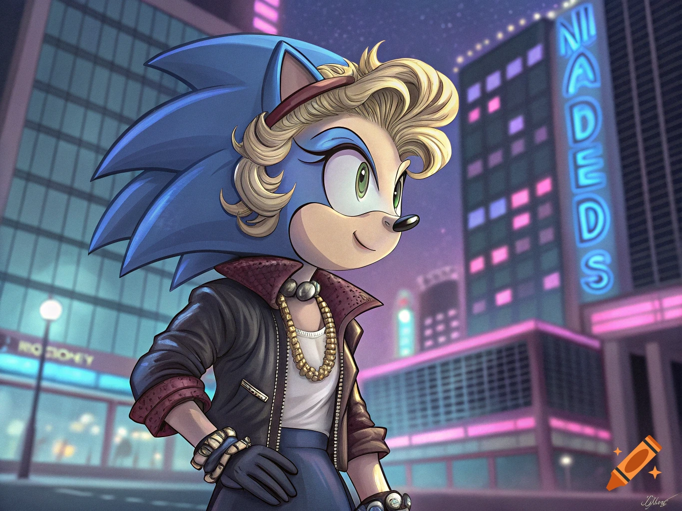 Sonic the Hedgehog dressed in 80s Madonna style, posing in a neon-lit ...