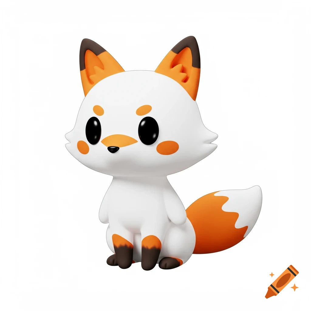 A simplistic 3D cartoon fox sits, white with orange and brown markings ...
