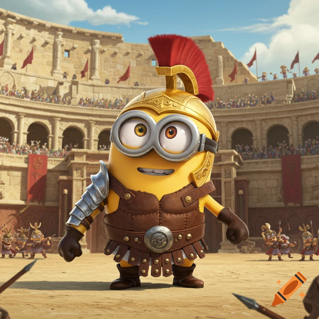 A Minion character is dressed as a gladiator in a large arena, ready ...