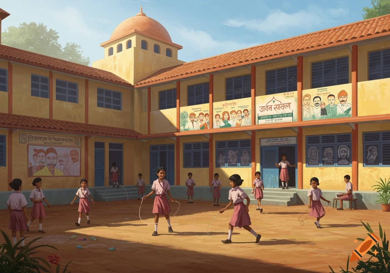 Children play jump rope in a school courtyard with murals and signs on ...
